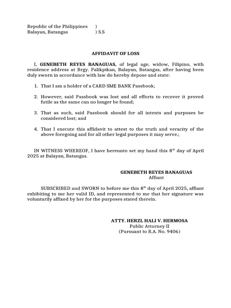 Affidavit of Loss - Passbook Genebeth Reyes | PDF