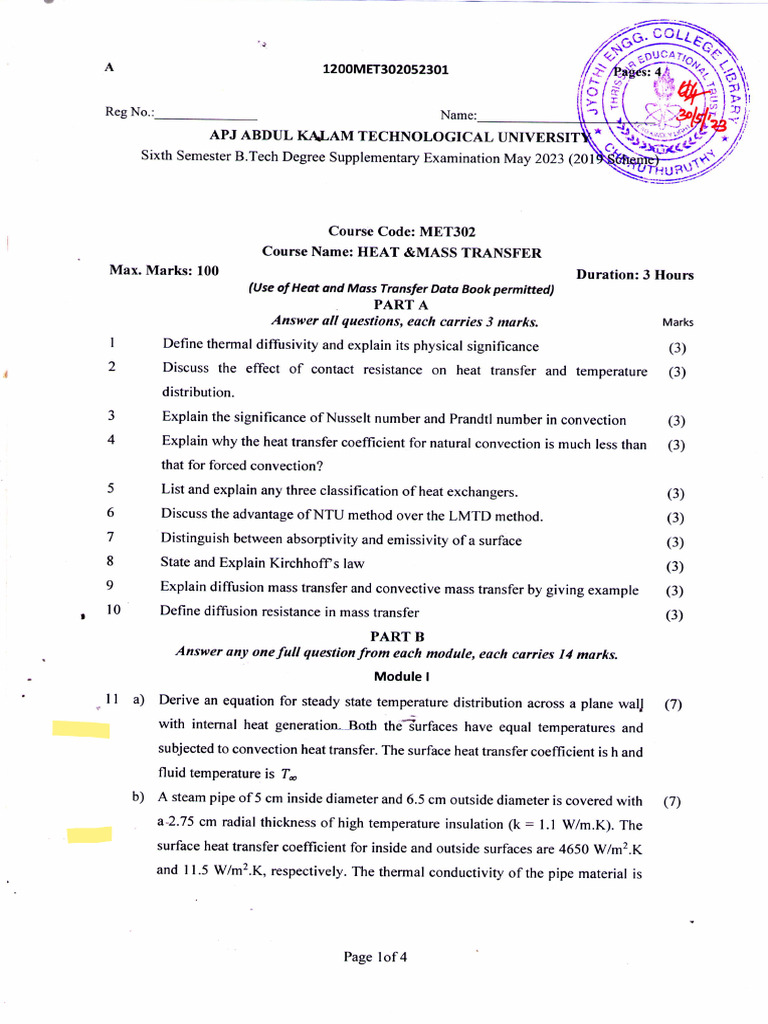 Heat & Mass Transfer Exam Questions | PDF | Heat Transfer | Thermal ...