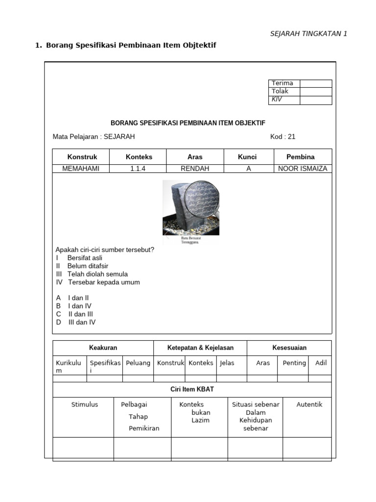 SEJ T1 Borang Spesifikasi Pembinaan Item Objtektif | PDF