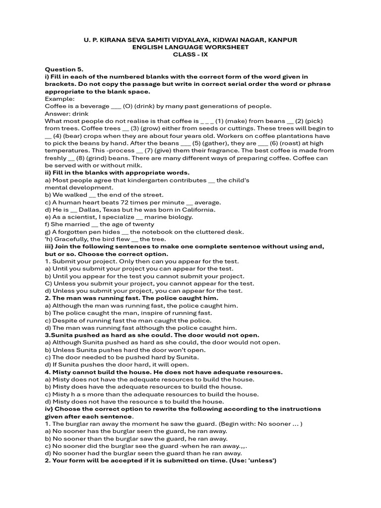 Class 9-Language Revision Worksheet.1 | PDF | Coffee | Agriculture