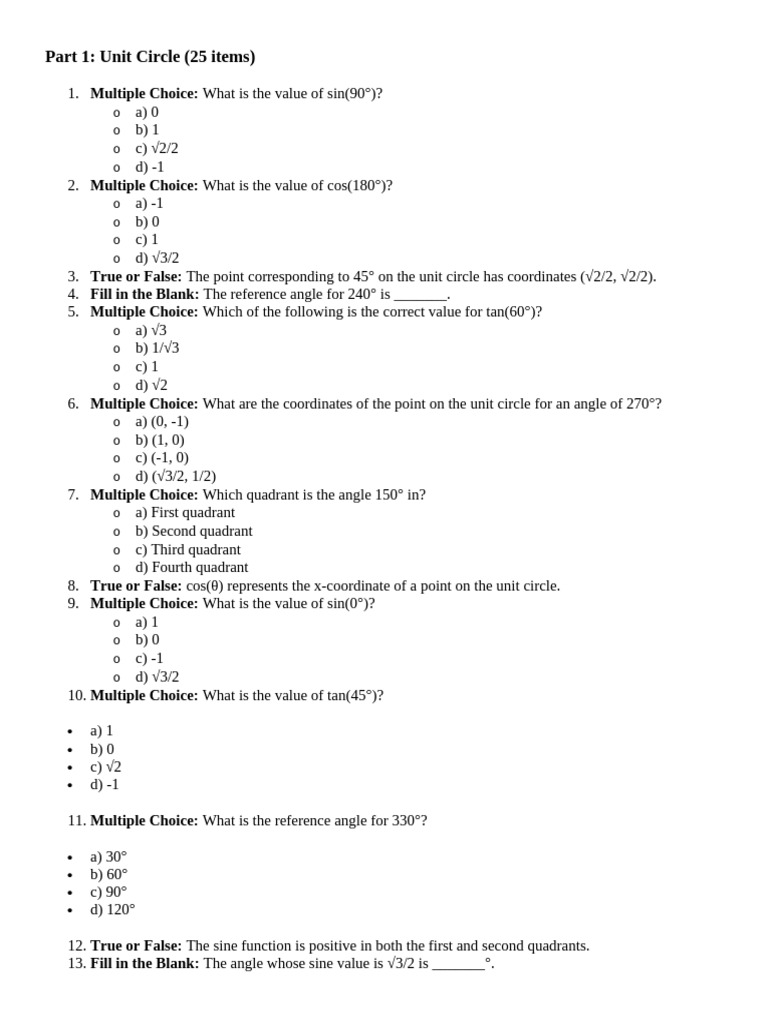 Part 1: Unit Circle (25 Items) : Multiple Choice | PDF | Trigonometric ...