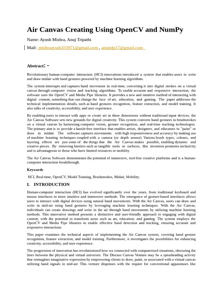 Research Paper Air Canvas Using Nympy and ML | PDF | Deep Learning | Human–Computer Interaction
