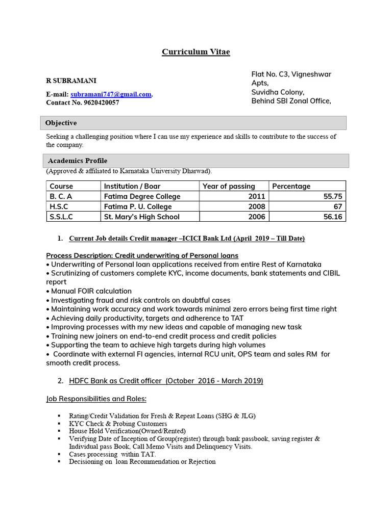 Resume of Subramani Credit | PDF