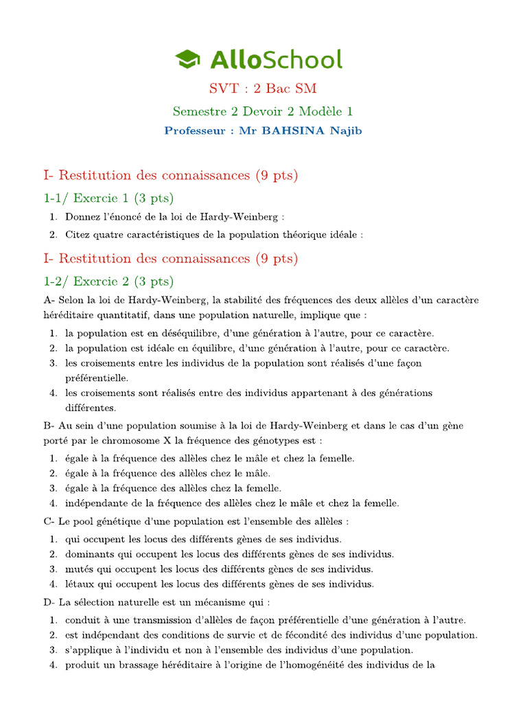 Semestre 2 Devoir 2 Modele 1 SVT 2bac SM | PDF