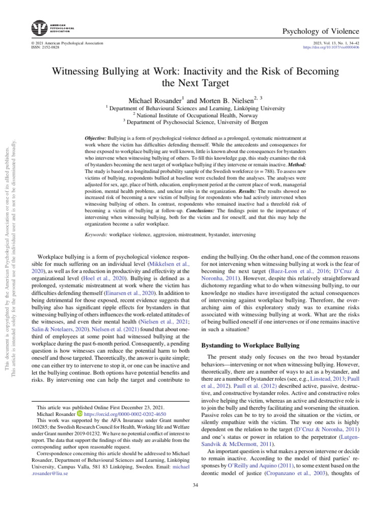 Witnessing Bullying at Work - Inactivity and The Risk of Becoming The ...