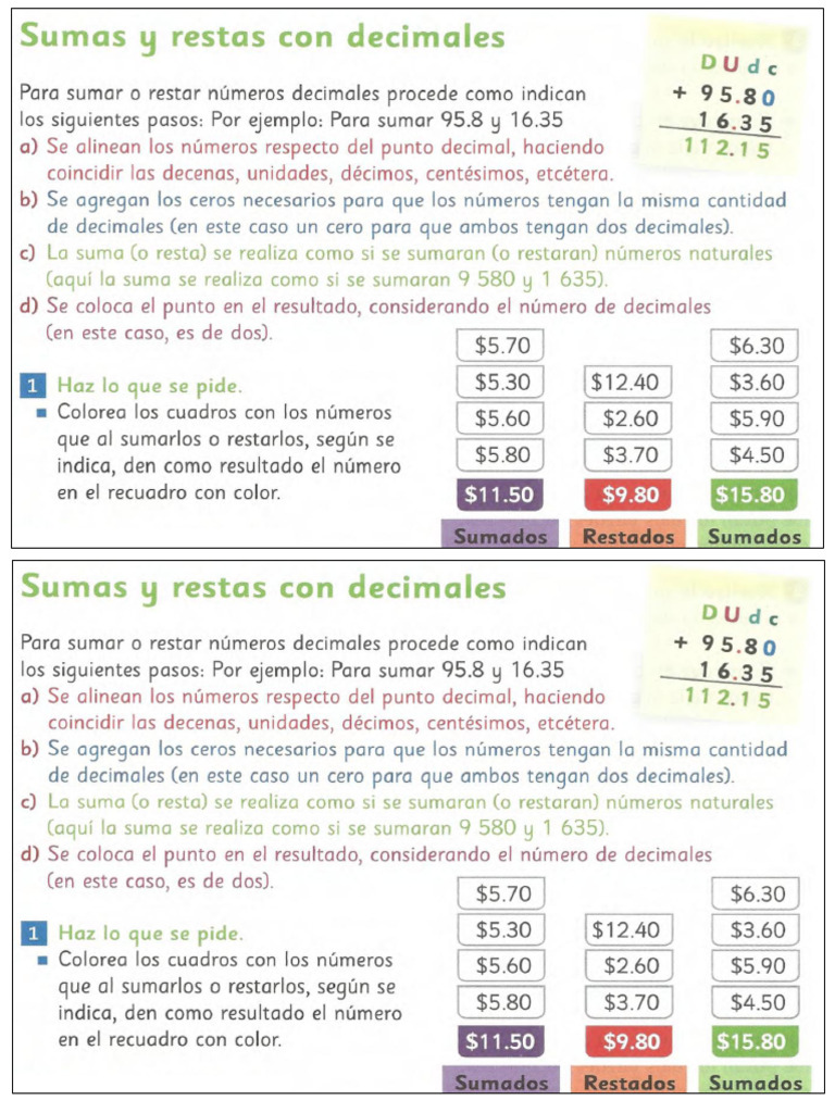 Suma y Resta Decimales | PDF