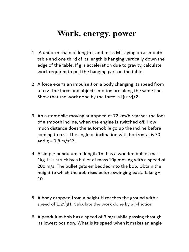 Work Energy Power Questions | PDF | Force | Mass