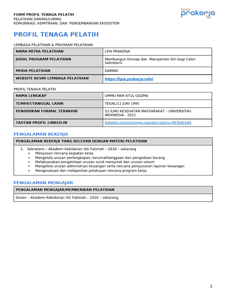 Udzma PROFIL TENAGA PELATIH | PDF