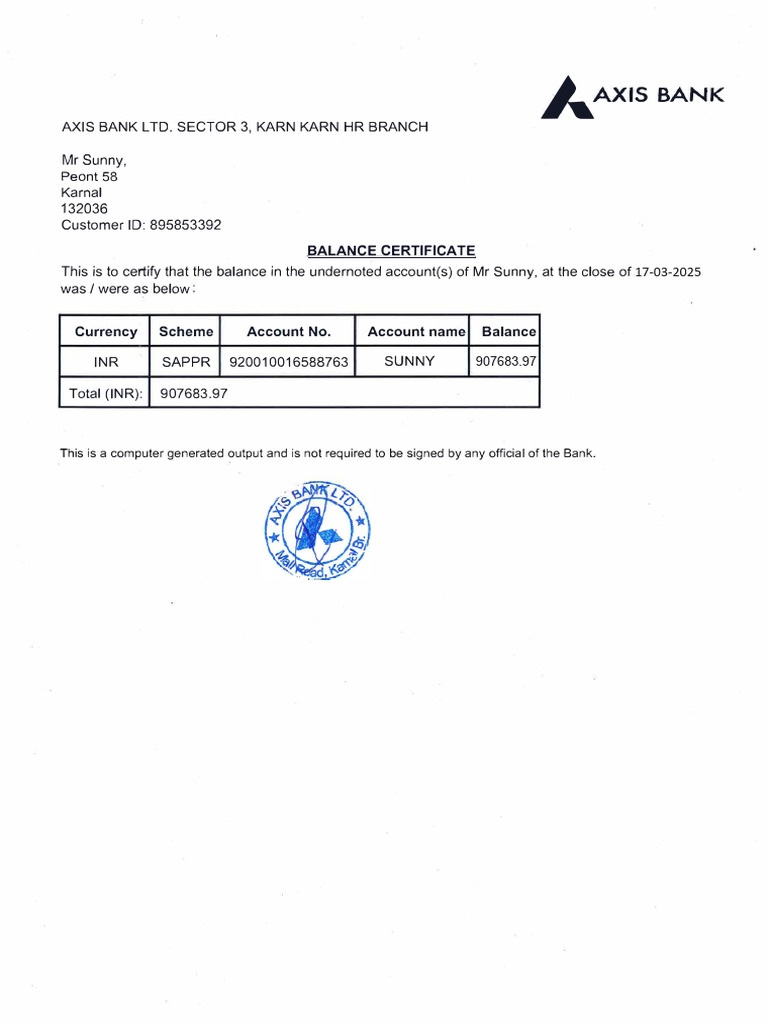 AXIS BALANCE CERTIFICATE OF SUNNY | PDF