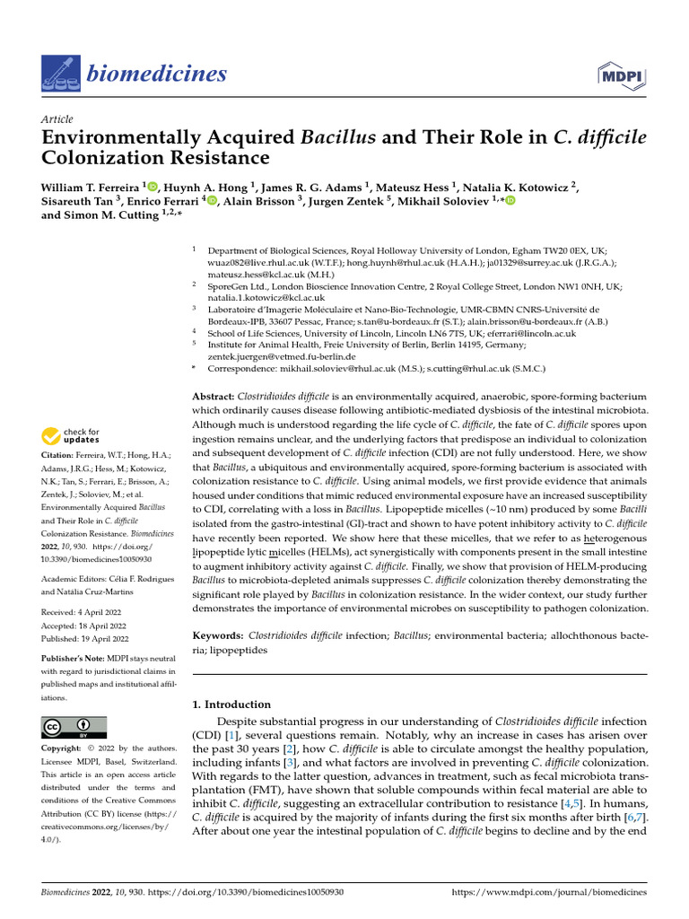 Environmentally Acquired Bacillus and Their Role in C. Difficile ...