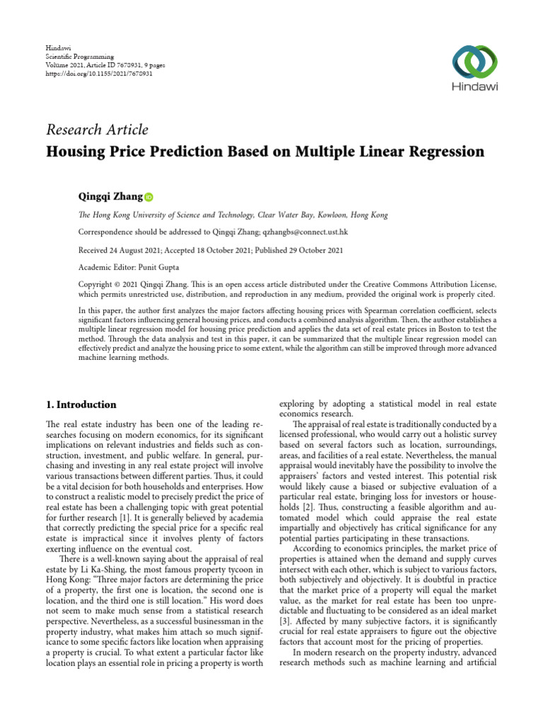 Scientific Programming - 2021 - Zhang - Housing Price Prediction Based ...