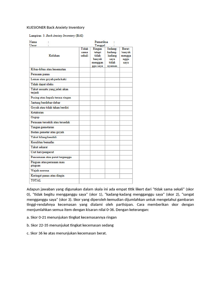 KUESIONER Back Anxiety Inventory | PDF