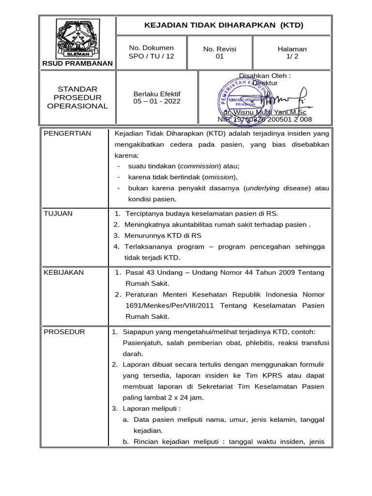 Spo Tu Rev00 Kejadian Tidak Diharapkan (KTD) - Rev01 | PDF