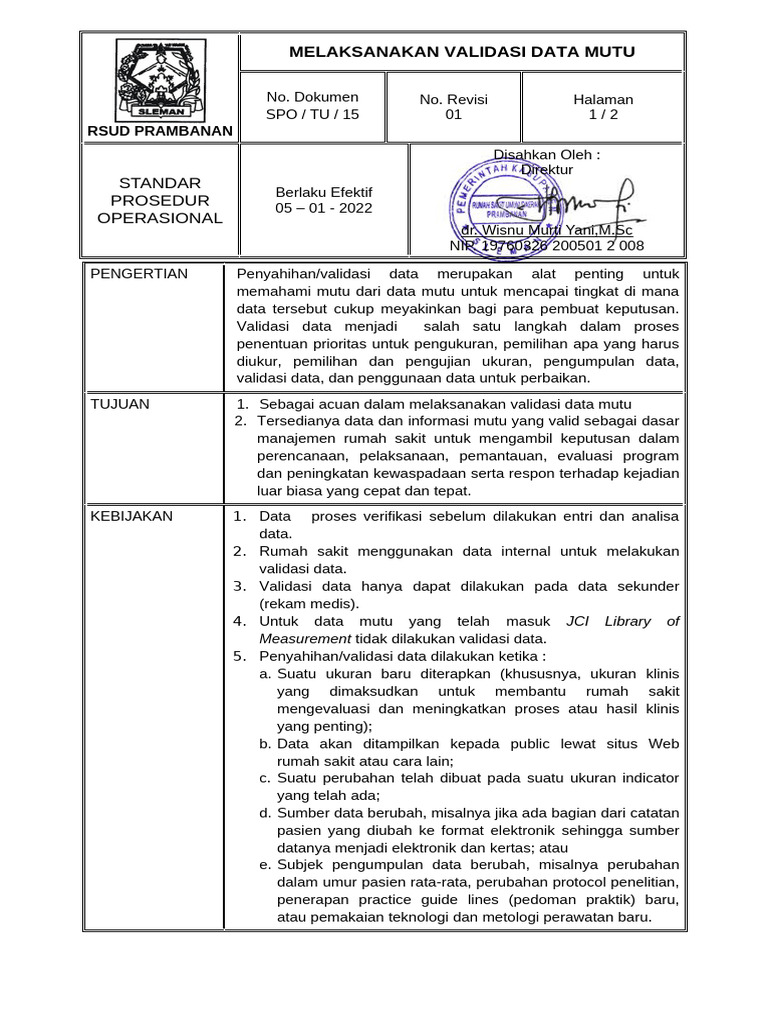 SPO TU Rev00 MELAKSANAKAN VALIDASI DATA MUTU - Rev01 | PDF