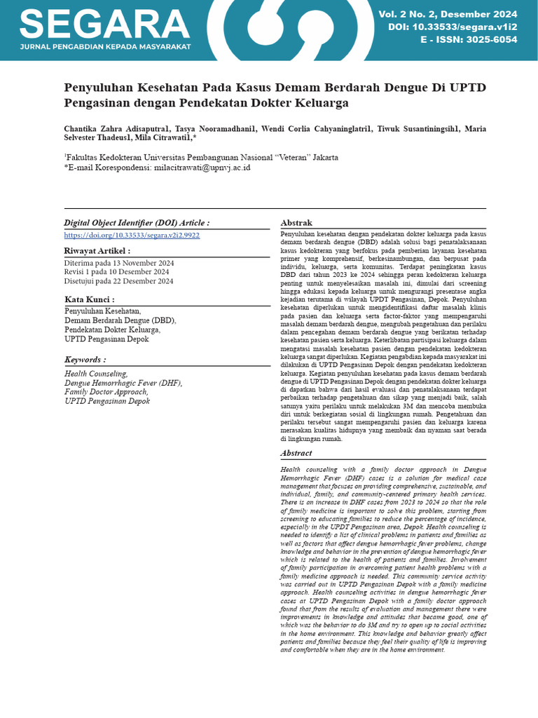 Penyuluhan Kesehatan Pada Kasus Demam Berdarah Dengue Di UPTD Pengasinan Dengan Pendekatan ...