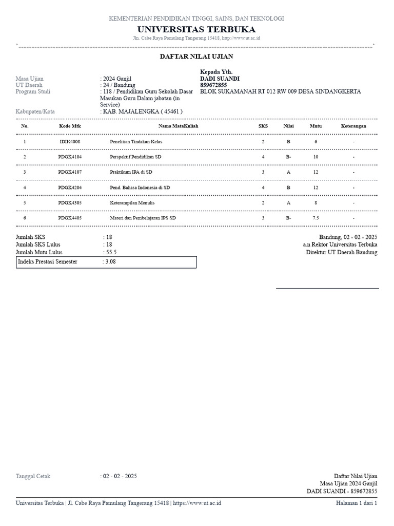 Daftar Nilai Ujian | PDF