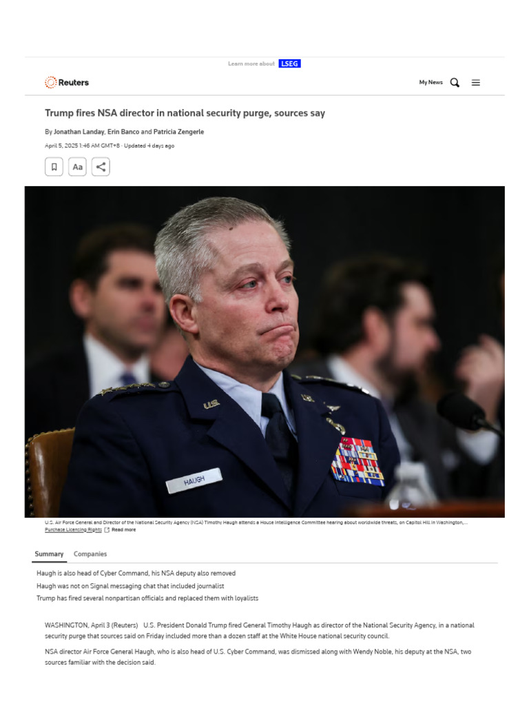 Trump Fires NSA Director in National Security Purge, Sources Say ...