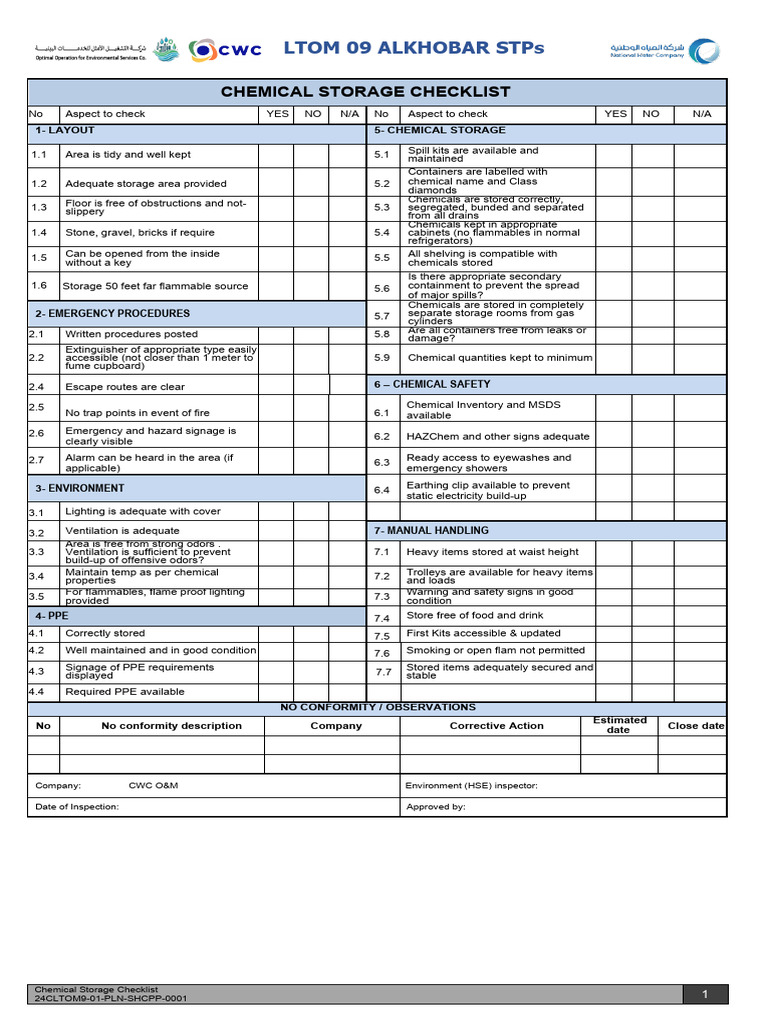 CHEMICAL STORAGE CHECKLIST | PDF | Safety | Occupational Safety And Health
