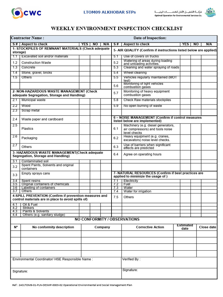 Site Environment Weekly Inspection Checklist | PDF | Waste | Waste ...