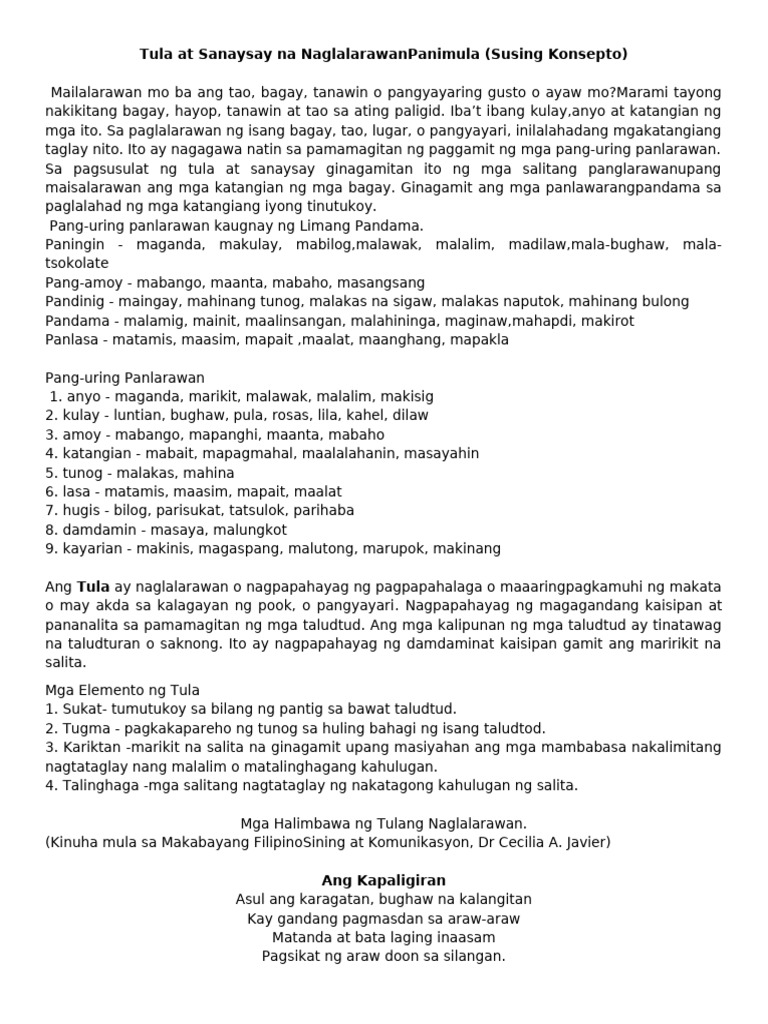 Tula at Sanaysay na Naglalarawan Pagsusulit | PDF