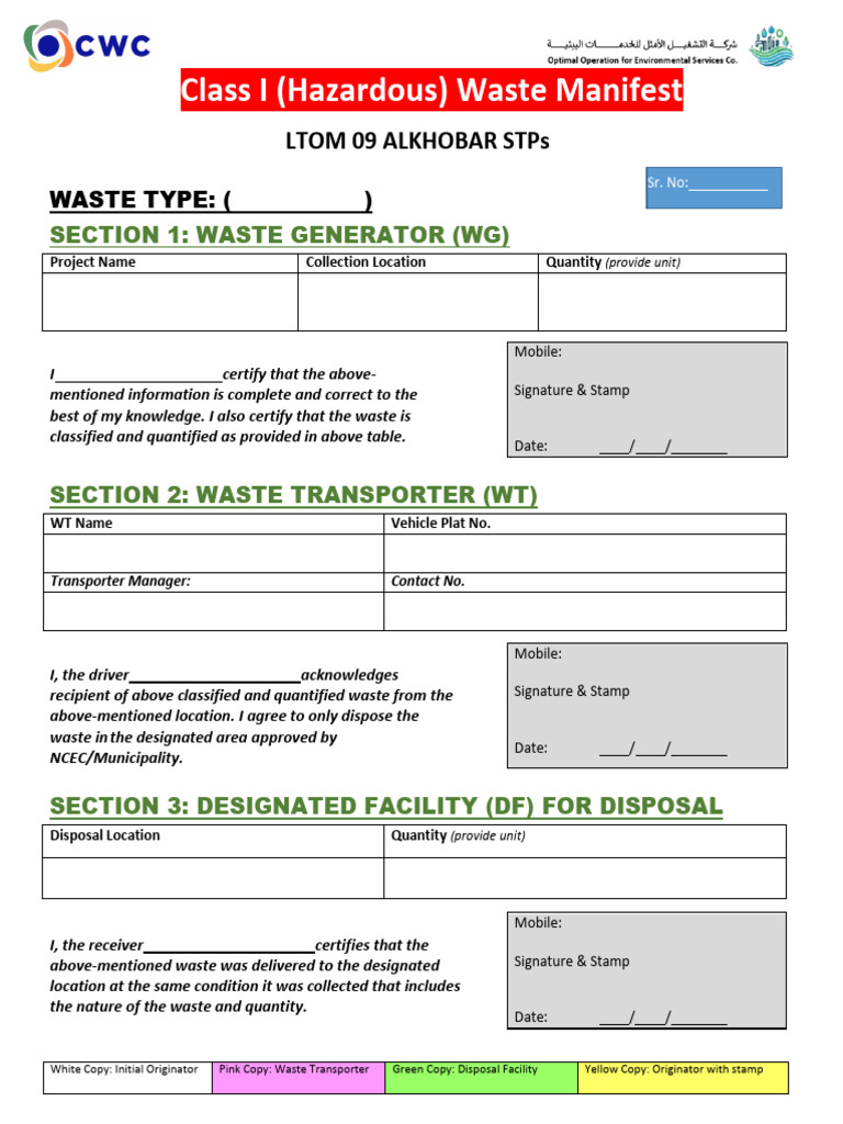 Class I (Hazardous) Waste Manifest Form | PDF