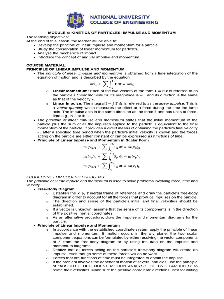 CEDYNA20 Module 4 - Kinetics of Particles - Impulse and Momentum | PDF ...