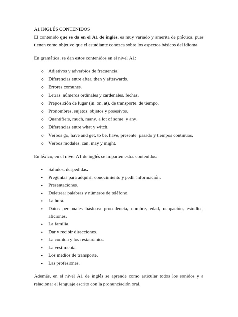 A1 INGLÉS CONTENIDOS | PDF