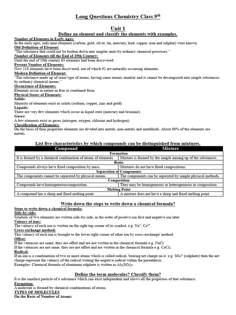 Chemistry Class 9: Elements & Molecules Guide | PDF | Mole (Unit ...