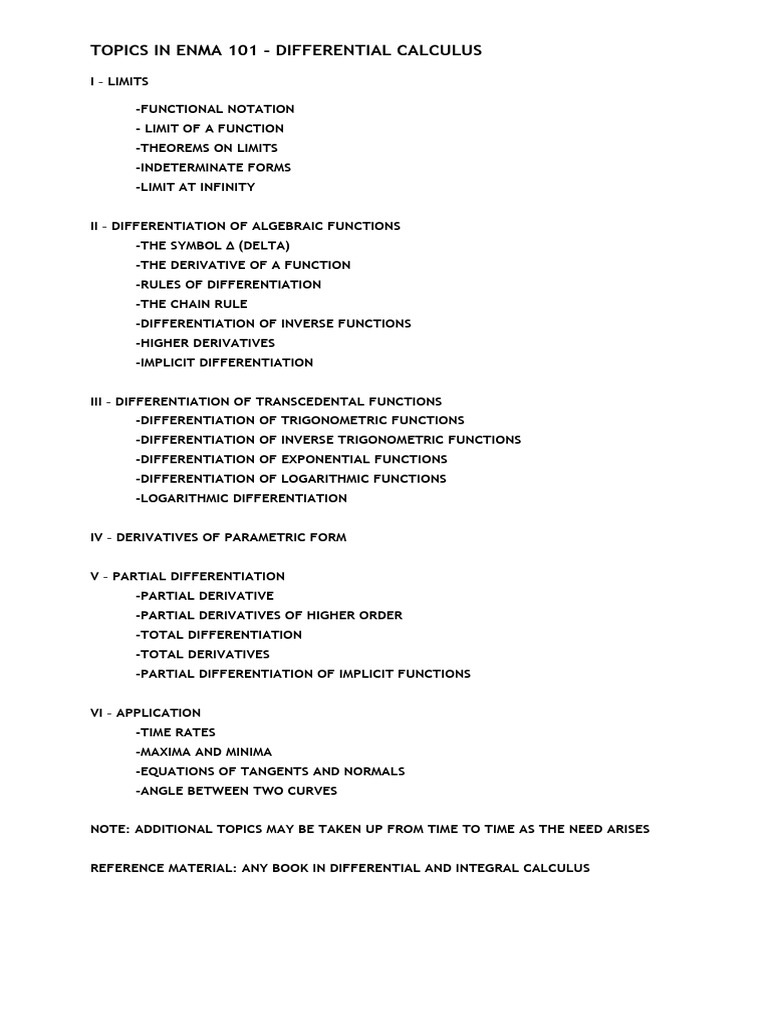 Differential Calculus Topics Overview | PDF