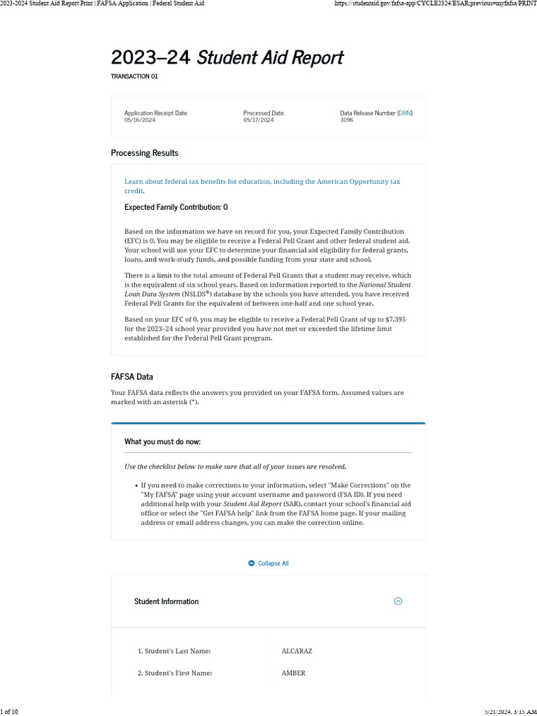 22023-2024 Student Aid Report Print FAFSA Application Federal Student ...