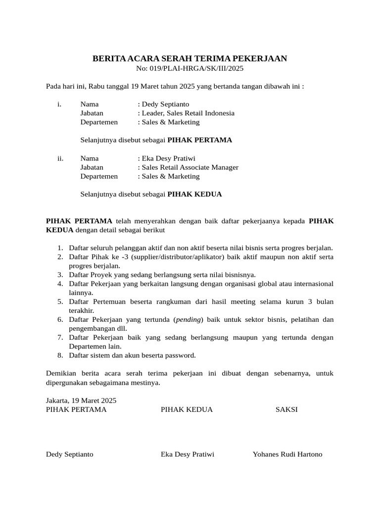 Berita Acara Serah Terima Pekerjaan | PDF