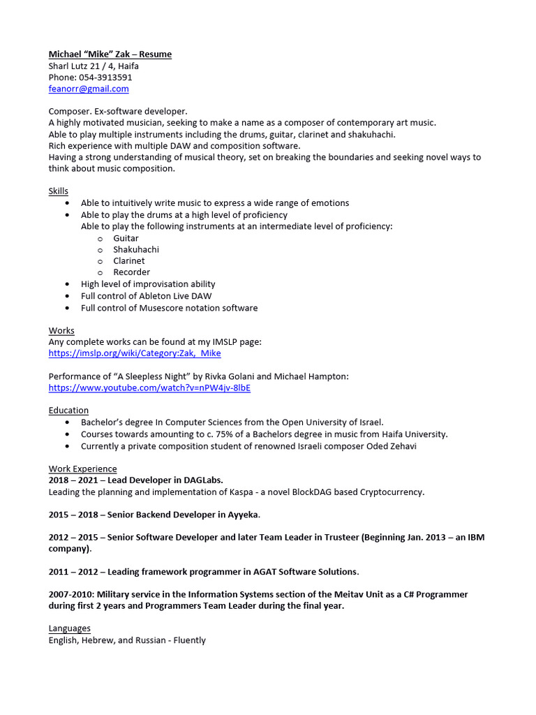 Mike Zak - Composer & Developer Resume | PDF