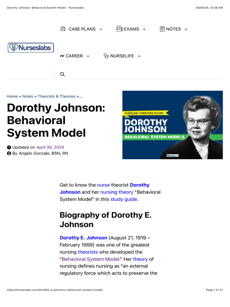 Dorothy Johnson: Behavioral System Model - Nurseslabs | PDF | System ...
