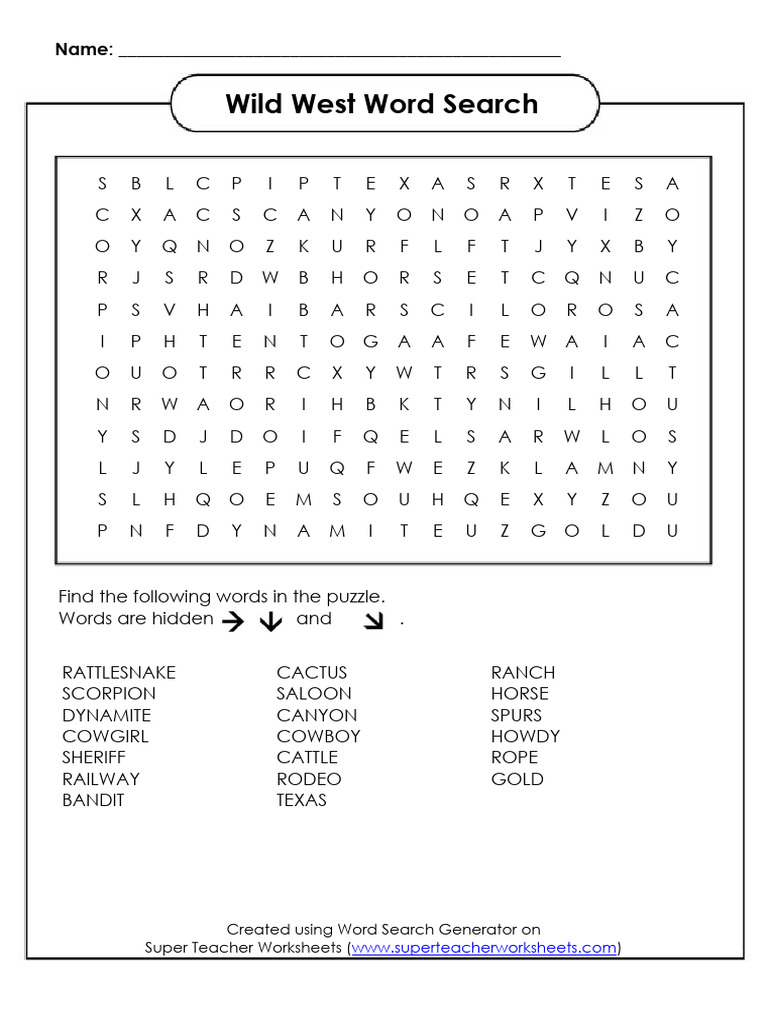 Super Teacher Worksheets Wild West Word Search | PDF | Cowboys ...