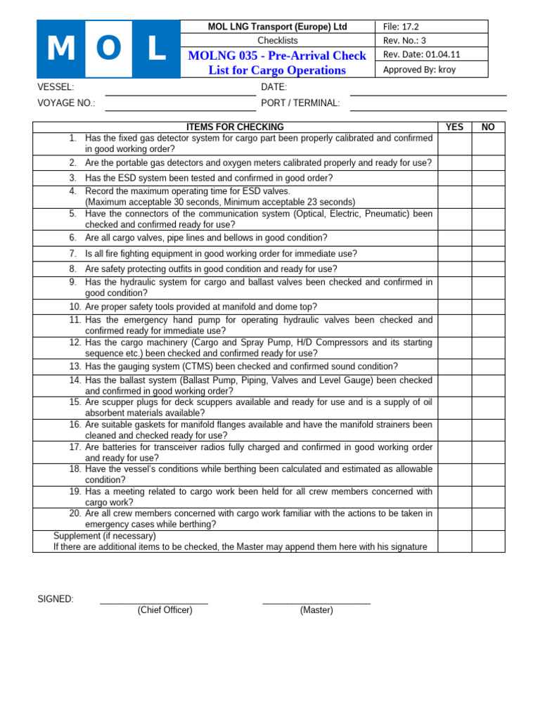 Pre Arrival Check List MOLNG 035 | PDF | Mechanical Engineering | Gas ...