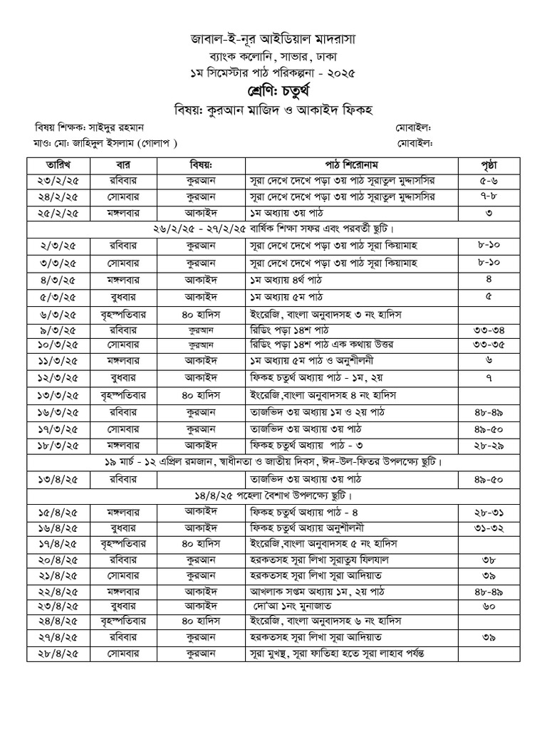 Four_ 1st Semester Lesson Plan_All Subject | PDF | English Language ...