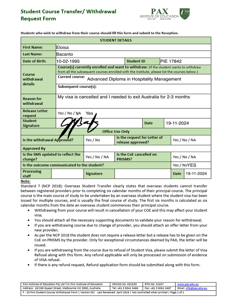 F-20 Student Course Withdrawal Request Form | PDF | Travel Visa