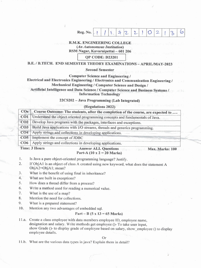 22CS202 Java Progg QP Fiat Siat Me Ese 2022-2023 | PDF