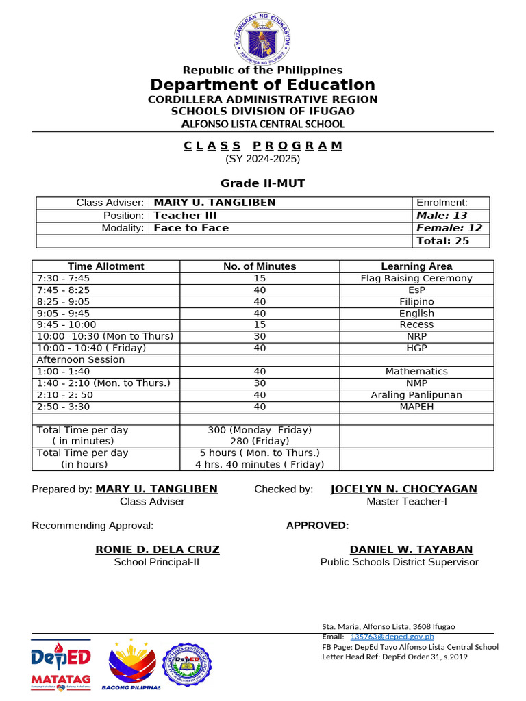 Grade 2 MTL Class Program 2024 2025 | PDF | Philippines | Government ...