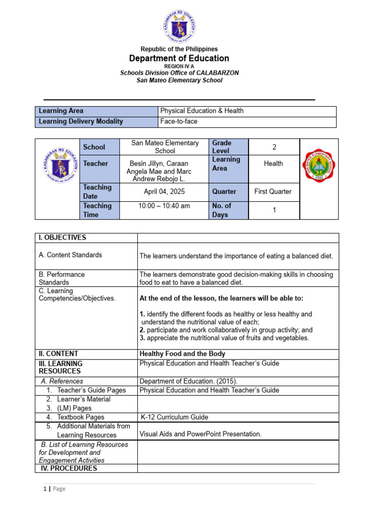 Grade 2 Health Lesson Plan: Nutrition | PDF | Foods | Healthy Diet