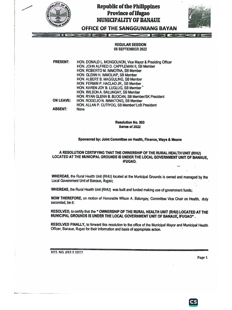 Resolution of Ownership of RHU | PDF