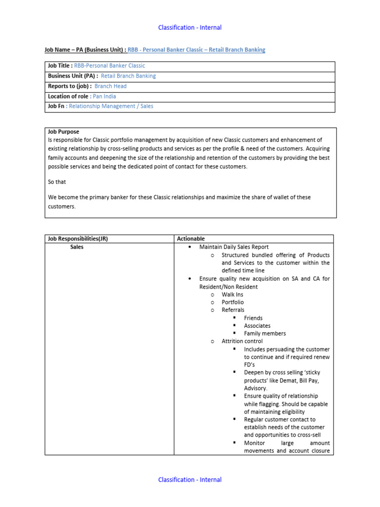 Personal Banker Classic Job Description | PDF | Banks | Customer ...