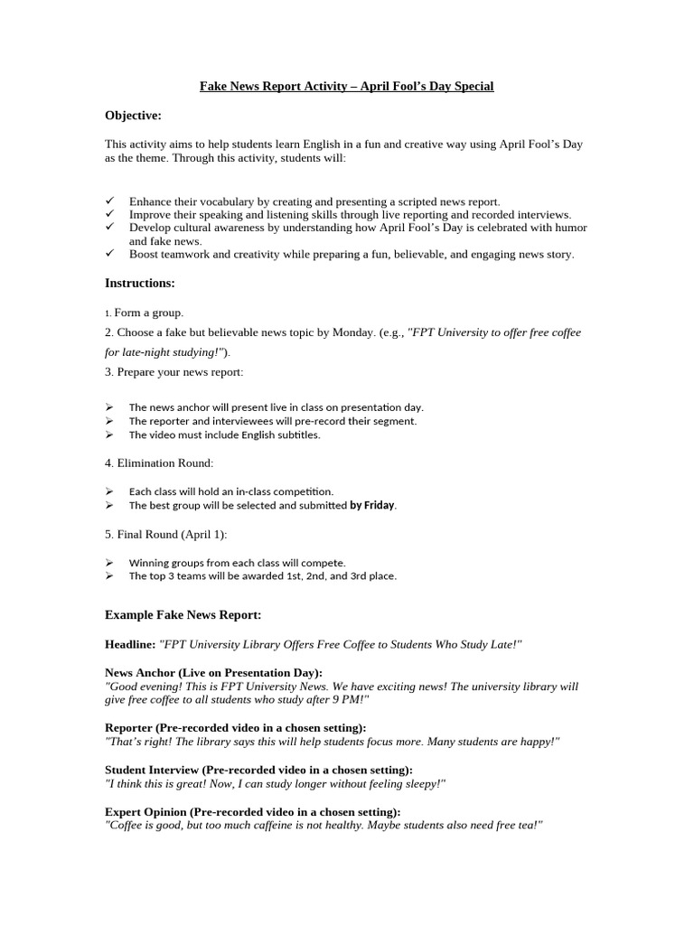 Fake News Report Activity - April Fool's Day | PDF | Human Communication