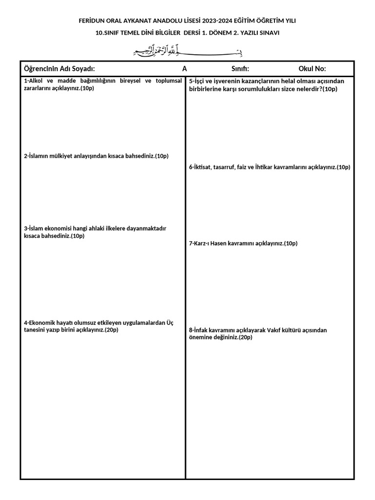 10.sınıf tdb 1.dönem 2. yazılı - AA | PDF