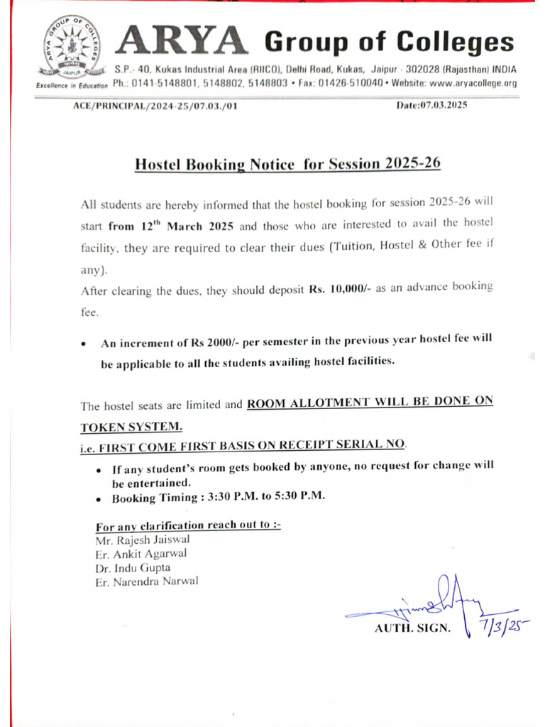 Hostel Booking Notice | PDF