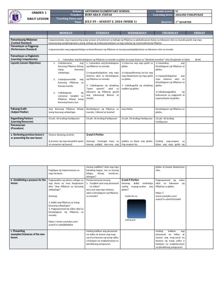DLL - Araling Panlipunan 6 - Q1 - W1 | PDF