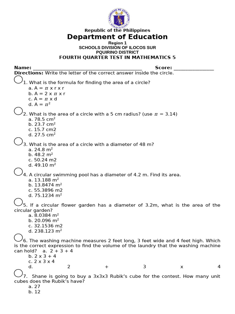 Grade 5 Q4 Mathematics Periodical Test | PDF | Volume | Odds