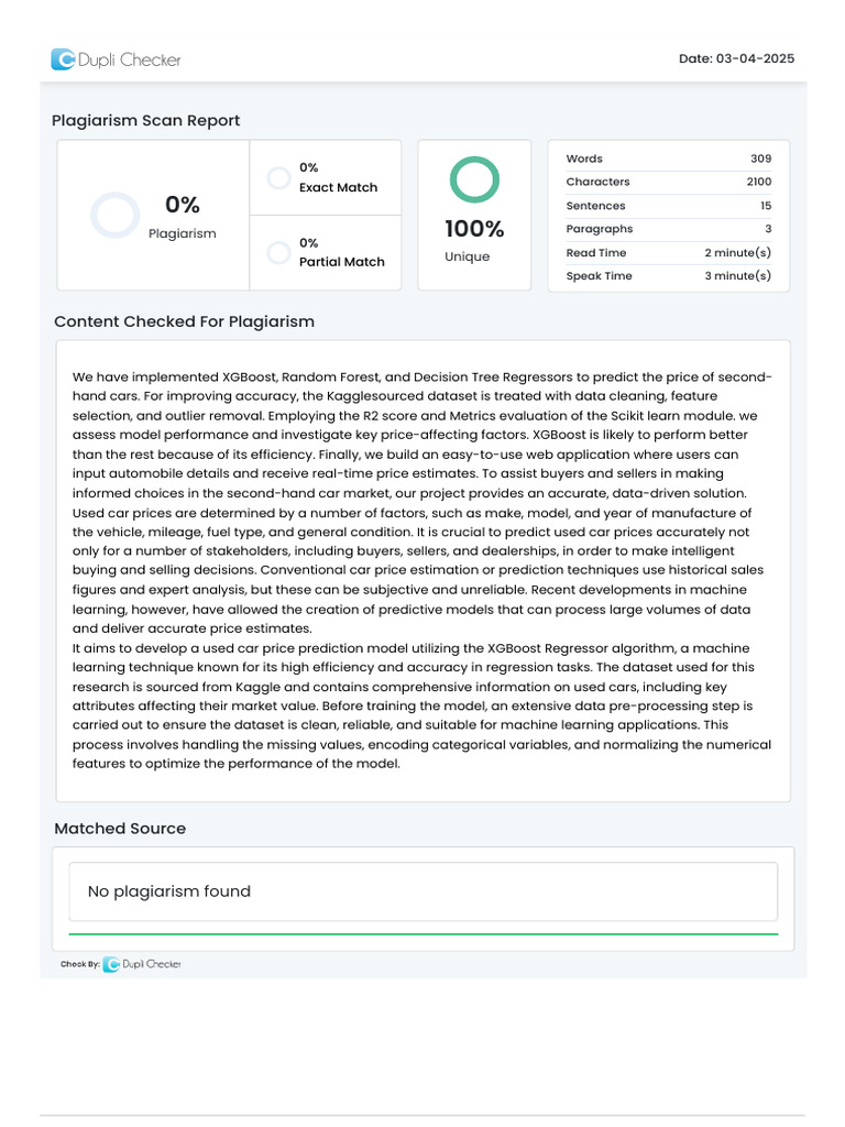 Duplichecker Plagiarism Report | PDF | Dependent And Independent Variables | Used Car