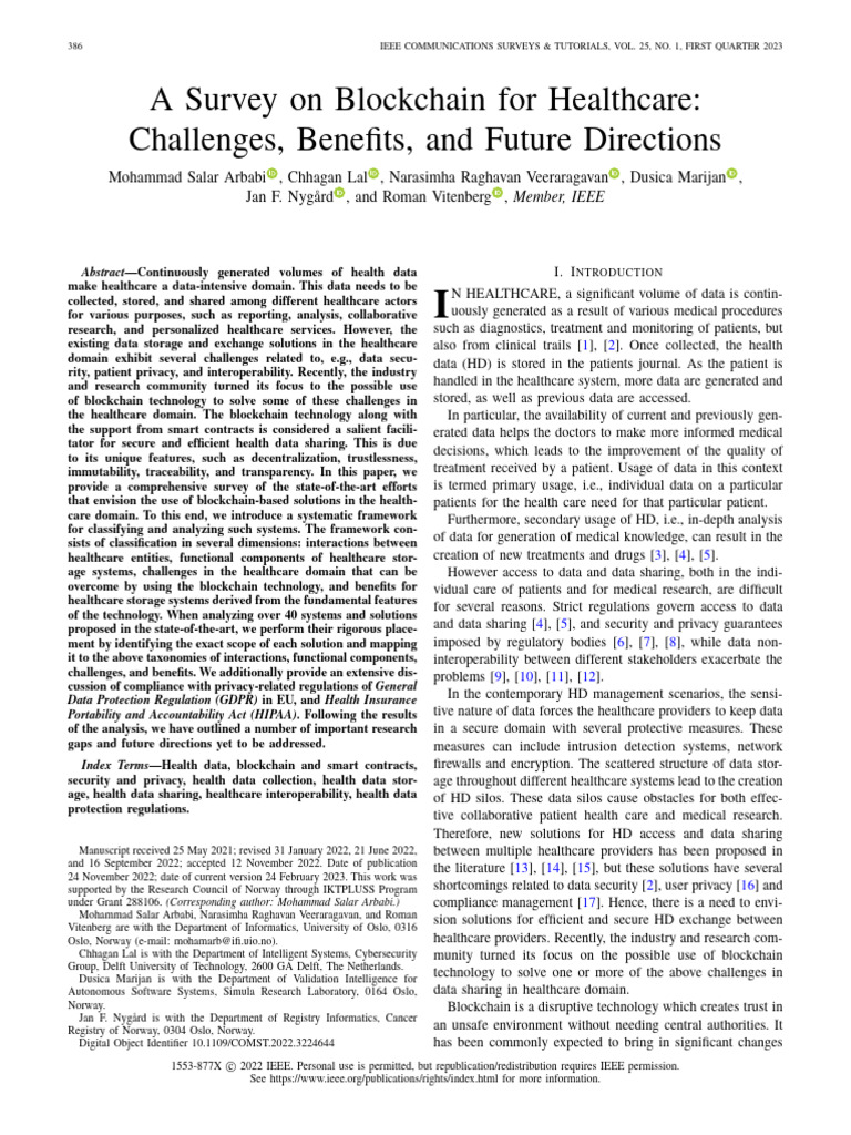 A Survey On Blockchain For Healthcare Challenges Benefits and Future Directions | PDF ...