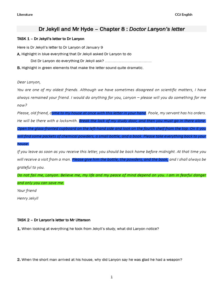 Dr Jekyll's Urgent Letter to Lanyon | PDF | Strange Case Of Dr Jekyll ...
